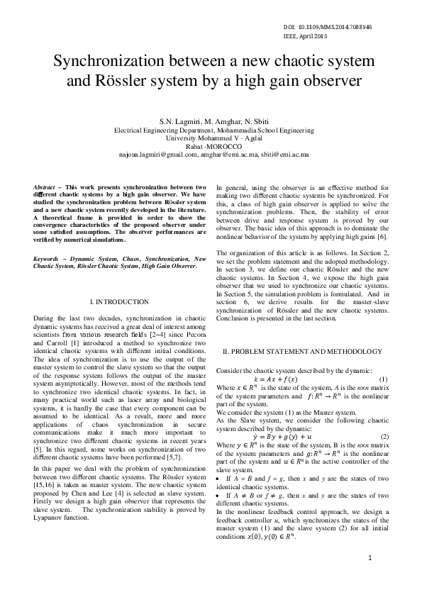 Pdf Synchronization Between A New Chaotic System And Rössler System By A High Gain Observer