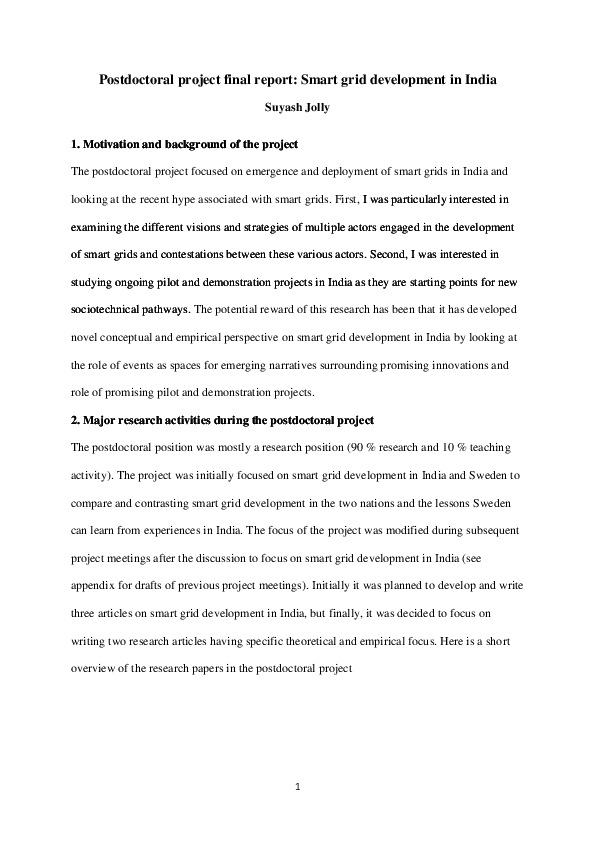 (PDF) Postdoctoral project final report: Smart grid development in India