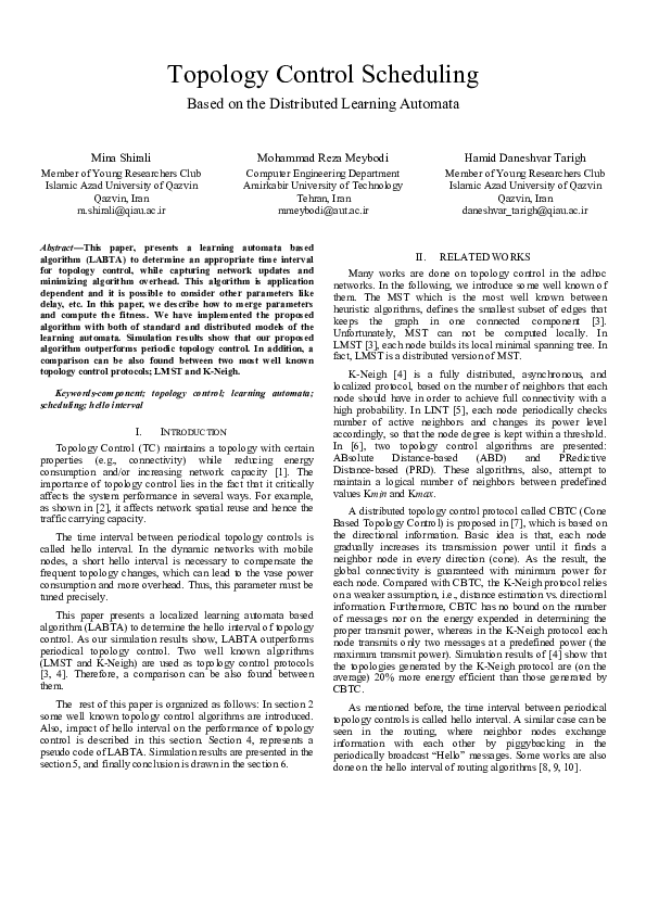 Pdf Topology Control Scheduling Based On The Distributed Learning Automata