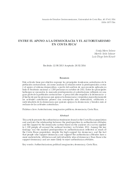 (PDF) 2014 - Entre el apoyo a la democracia y el autoritarismo en Costa Rica