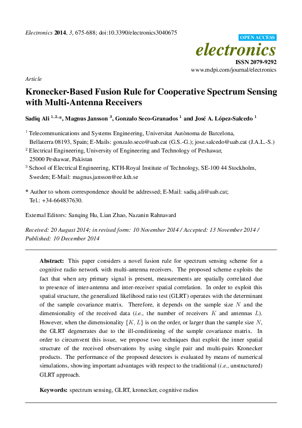 (PDF) Kronecker-Based Fusion Rule for Cooperative Spectrum Sensingwith Multi-Antenna Receivers