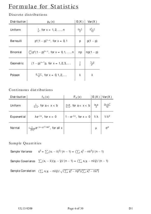 (PDF) Formulae for Statistics Discrete distributions