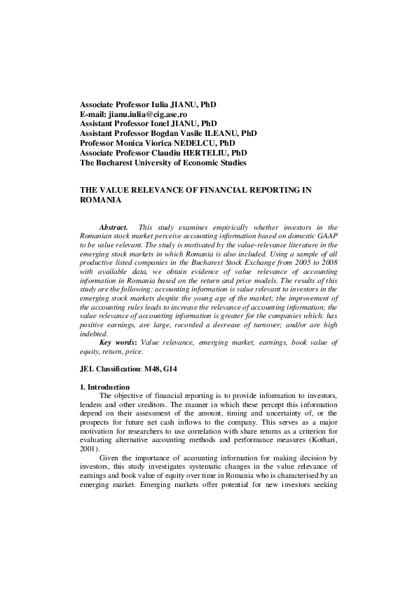 (PDF) THE VALUE RELEVANCE OF FINANCIAL REPORTING IN ROMANIA | Iulia ...