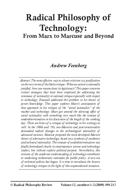 (PDF) Radical Philosophy of Technology: From Marx to Marcuse and beyond ...