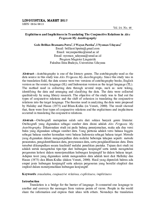 Pdf Explicitness And Implicitness In Translating The Conjunctive Relations In Alex Ferguson My