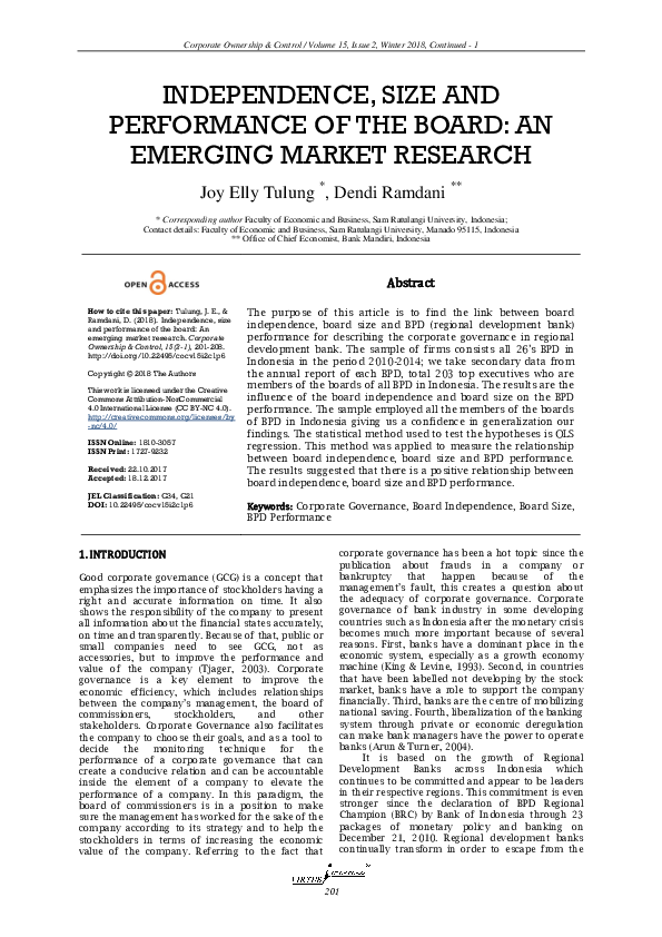 PDF INDEPENDENCE SIZE AND PERFORMANCE OF THE BOARD AN EMERGING PDF INDEPENDENCE SIZE AND PERFORMANCE OF THE BOARD AN EMERGING