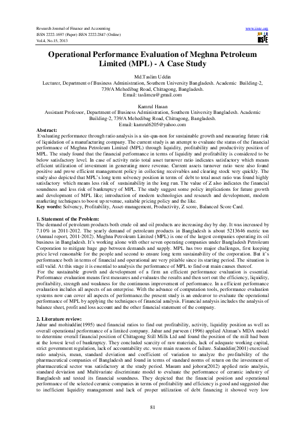 (PDF) Operational Performance Evaluation of Meghna Petroleum Limited (MPL) - A Case Study