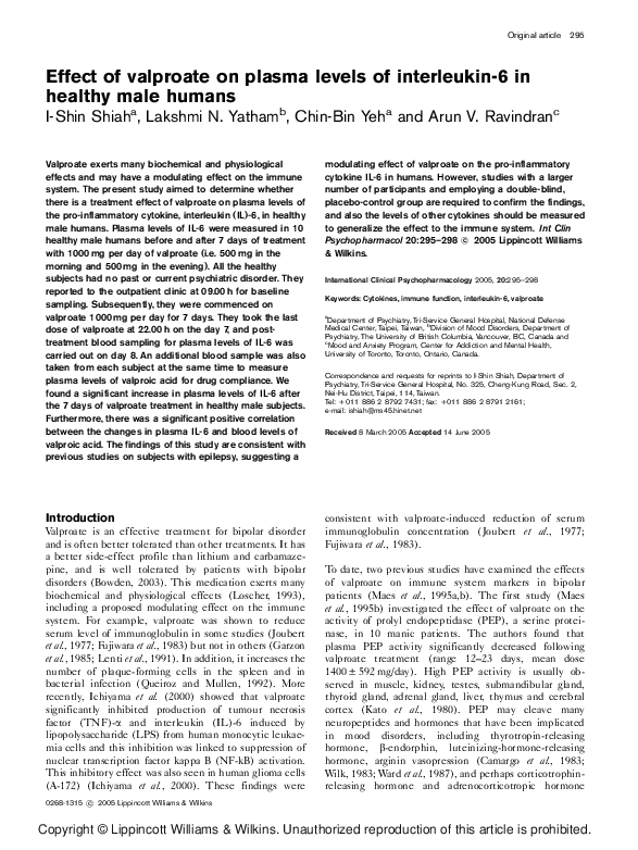 (PDF) Effect of valproate on plasma levels of interleukin-6 in healthy ...