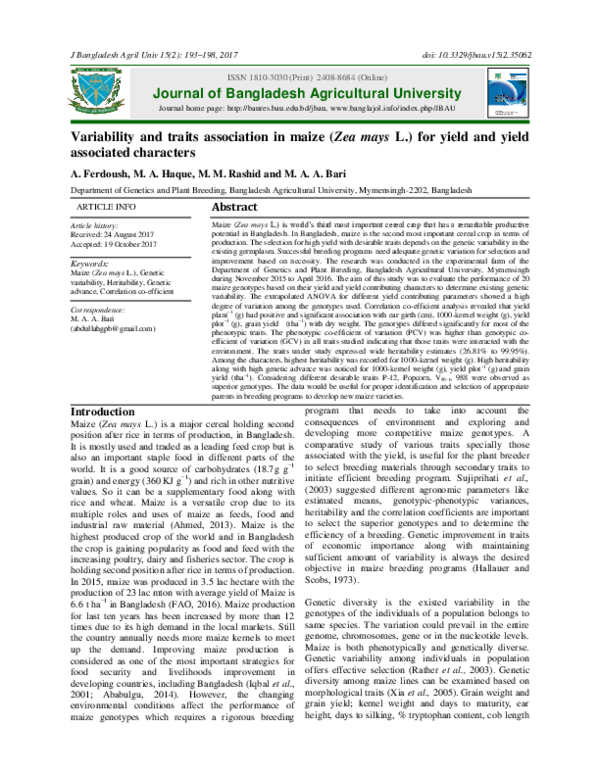Pdf Variability And Traits Association In Maize Zea Mays L For Yield And Yield Associated