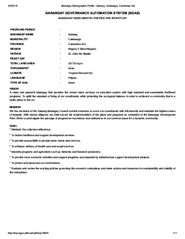 (PDF) Barangay Demographic Profile Sabang Calabanga Camarines Sur