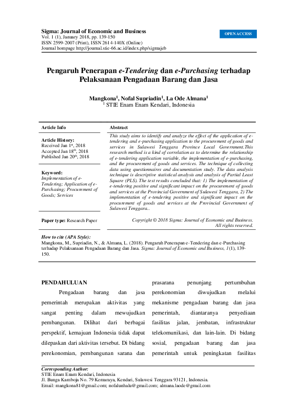 (PDF) Pengaruh Penerapan e-Tendering dan e-Purchasing Terhadap Pelaksanaan Pengadaan Barang dan Jasa