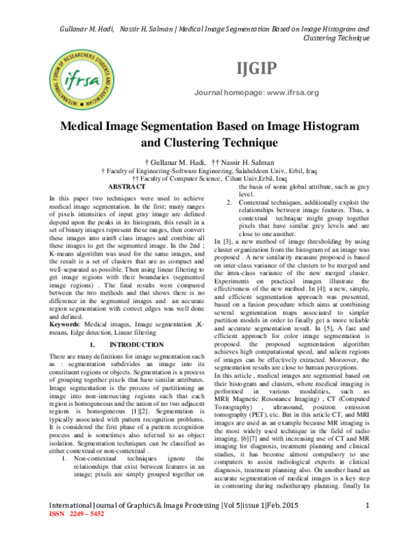 Pdf Medical Image Segmentation Based On Image Histogram And Clustering Technique