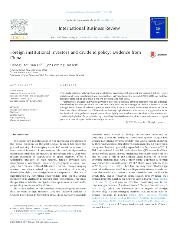 (PDF) Foreign institutional investors and dividend policy: Evidence from China
