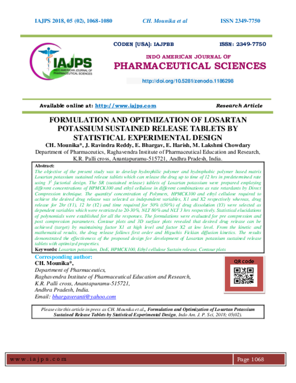 Pdf Formulation And Optimization Of Losartan Potassium Sustained