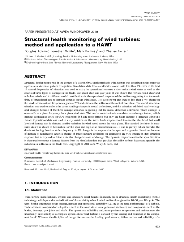 Pdf Structural Health Monitoring Of Wind Turbines Method And Application To A Hawt