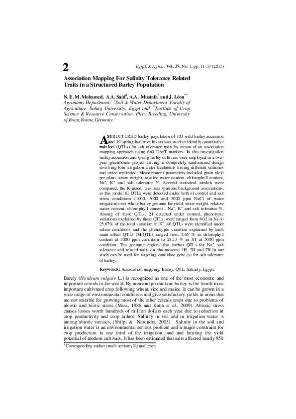 Pdf 2 A Association Mapping For Salinity Tolerance Related Traits In A Structured Barley