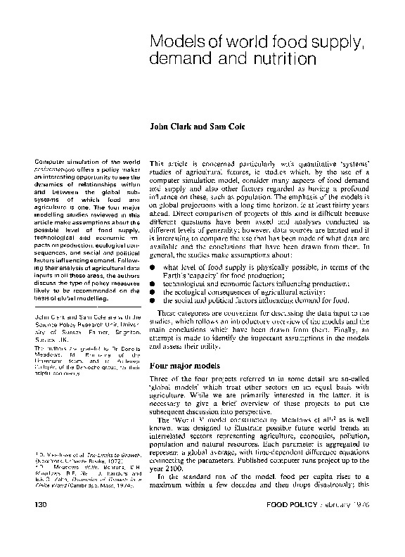 (PDF) Models of world food supply, demand and nutrition