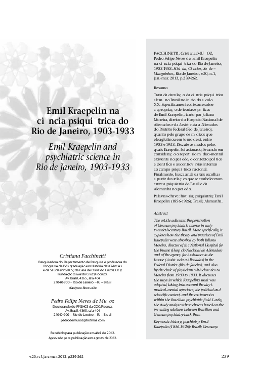 (PDF) Emil Kraepelin and psychiatric science in Rio de Janeiro, 1903 ...