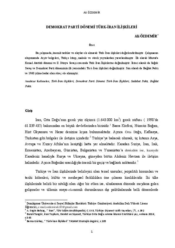 (PDF) DEMOKRAT PARTİ DÖNEMİ TÜRK-İRAN İLİŞKİLERİ