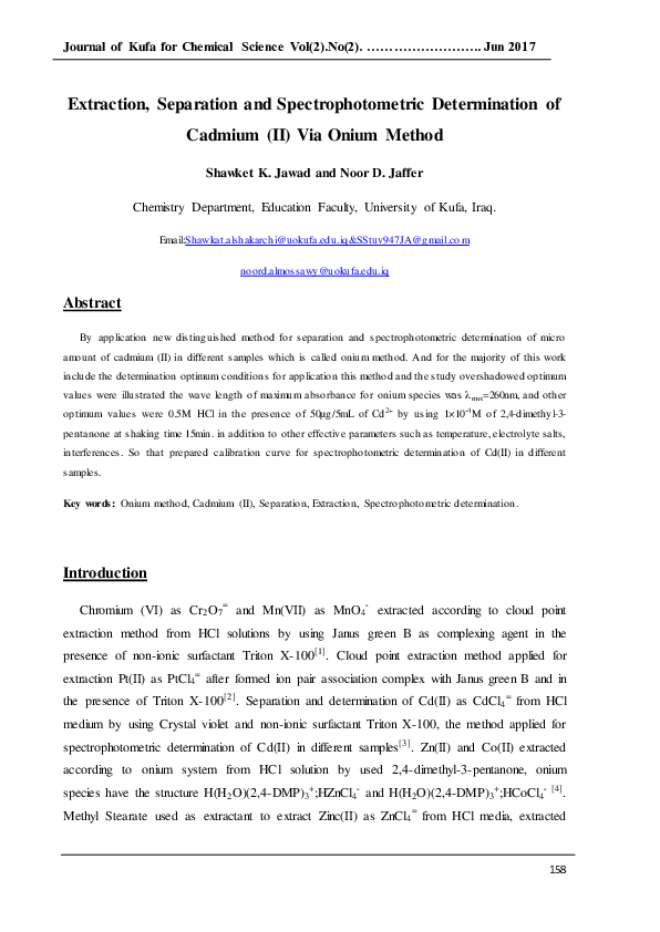 Pdf Extraction Separation And Spectrophotometric Determination Of Cadmium Ii Via Onium Method