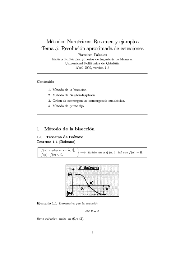 (PDF) Métodos Numéricos: Resumen y ejemplos Tema 5: Resolución aproximada de ecuaciones