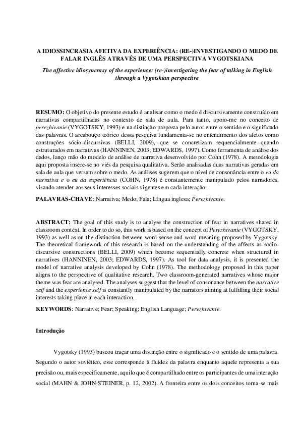 (DOC) A IDIOSSINCRASIA AFETIVA DA EXPERIÊNCIA: (RE-)INVESTIGANDO O MEDO ...