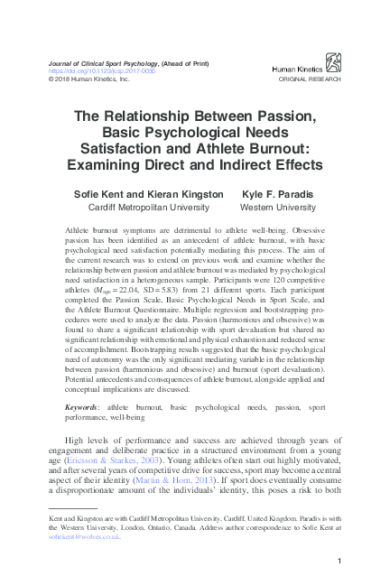 Pdf The Relationship Between Passion Basic Psychological Needs Satisfaction And Athlete