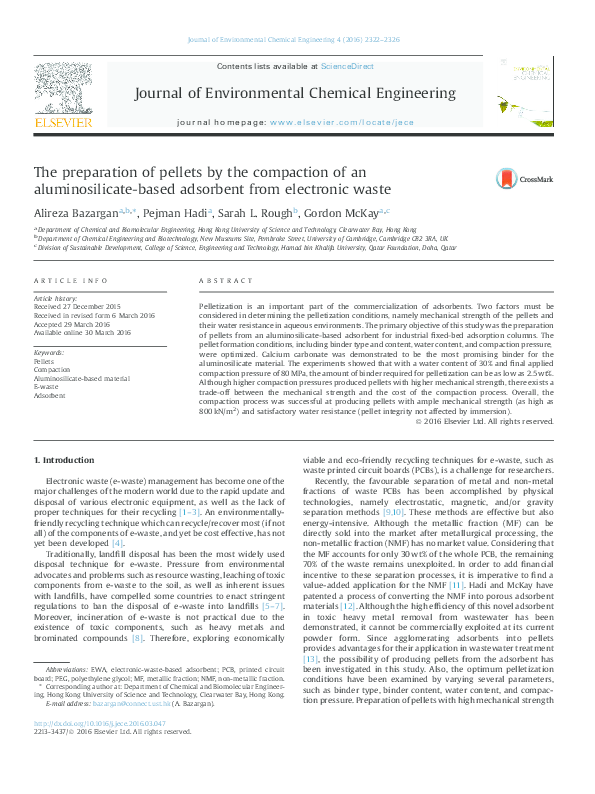 Pdf The Preparation Of Pellets By The Compaction Of An Aluminosilicate Based Adsorbent From