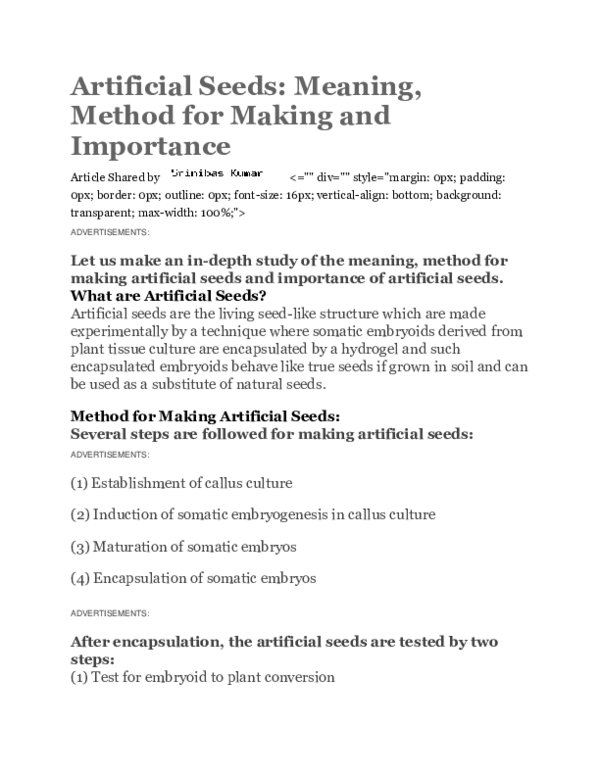 (DOC) Artificial Seeds: Meaning, Method for Making and Importance