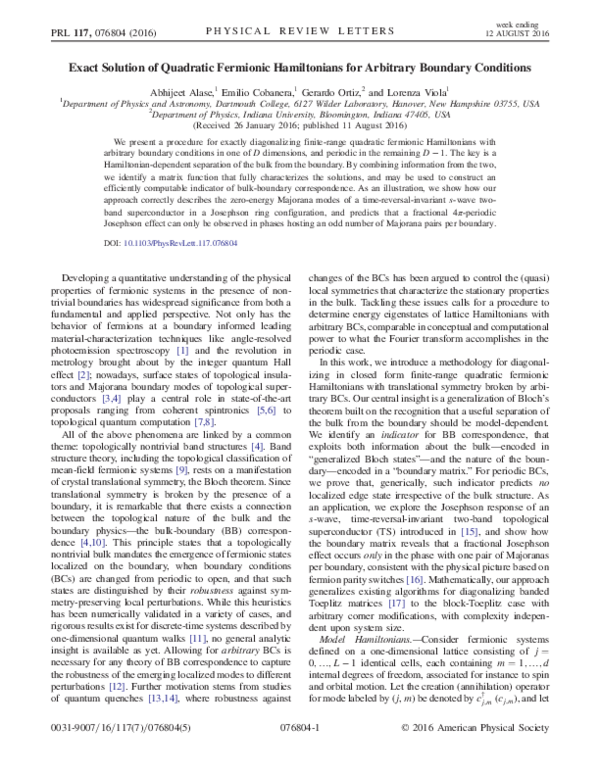 (PDF) Exact Solution of Quadratic Fermionic Hamiltonians for Arbitrary Boundary Conditions