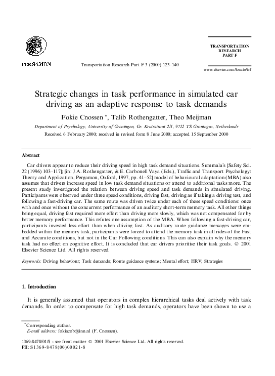 (PDF) Strategic changes in task performance in simulated car driving as an adaptive response to ...