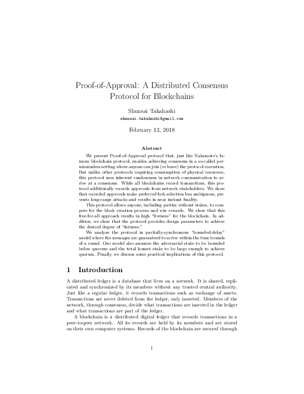(PDF) Proof-of-Approval: A Distributed Consensus Protocol for Blockchains