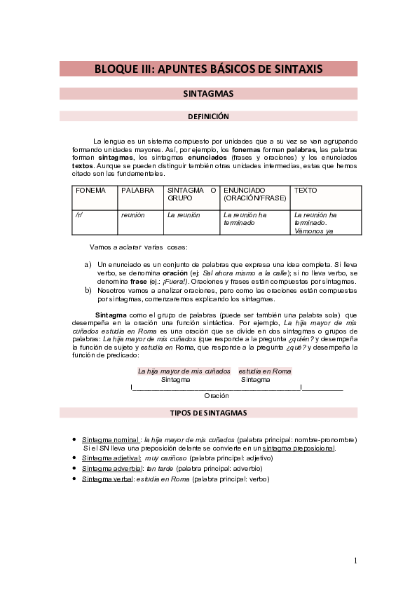 (PDF) BLOQUE III: APUNTES BÁSICOS DE SINTAXIS SINTAGMAS DEFINICIÓN