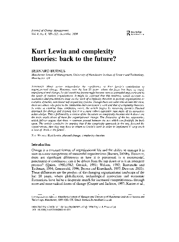 (PDF) Kurt Lewin and complexity theories: back to the future