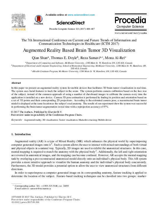 Pdf Augmented Reality Based Brain Tumor 3d Visualization