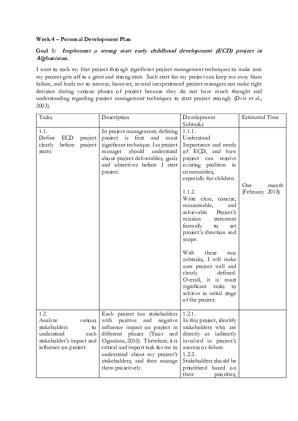 (DOC) Week 4 – Personal Development Plan Goal 1: Implement a strong ...