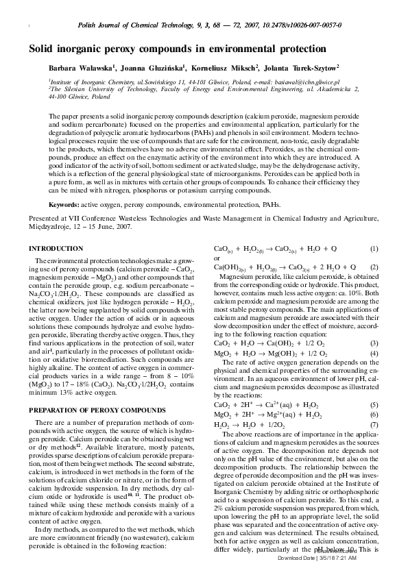 (PDF) Solid inorganic peroxy compounds in environmental protection
