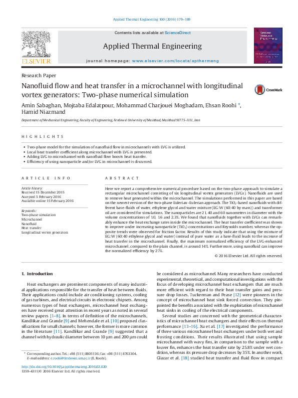 (PDF) Nanofluid flow and heat transfer in a microchannel with longitudinal vortex generators ...