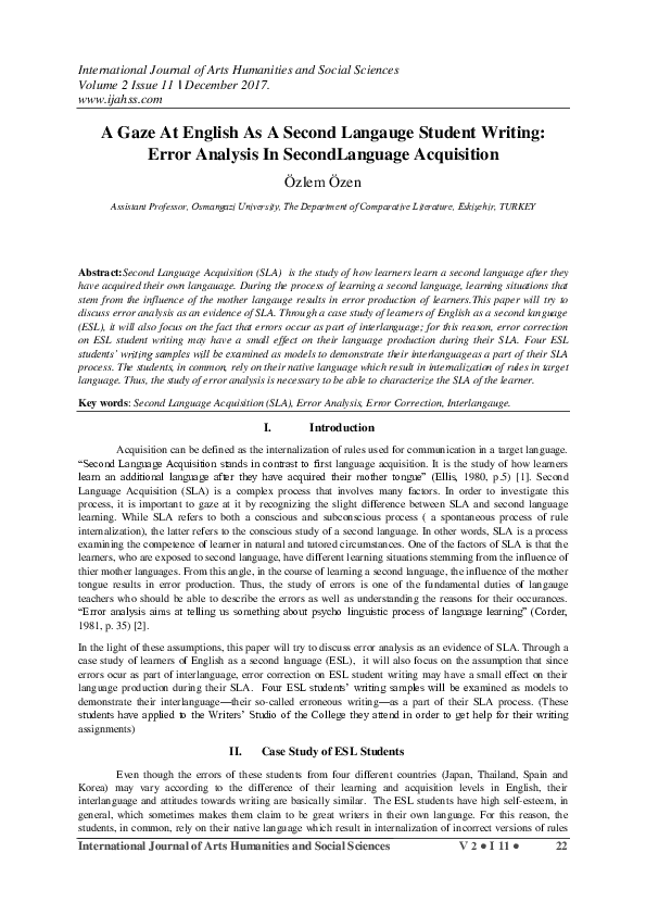 (PDF) A Gaze At English As A Second Langauge Student Writing: Error ...