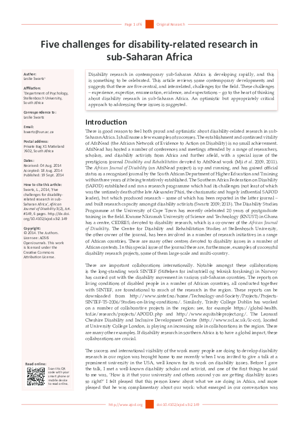 (PDF) Five challenges for disability-related research in sub-Saharan Africa
