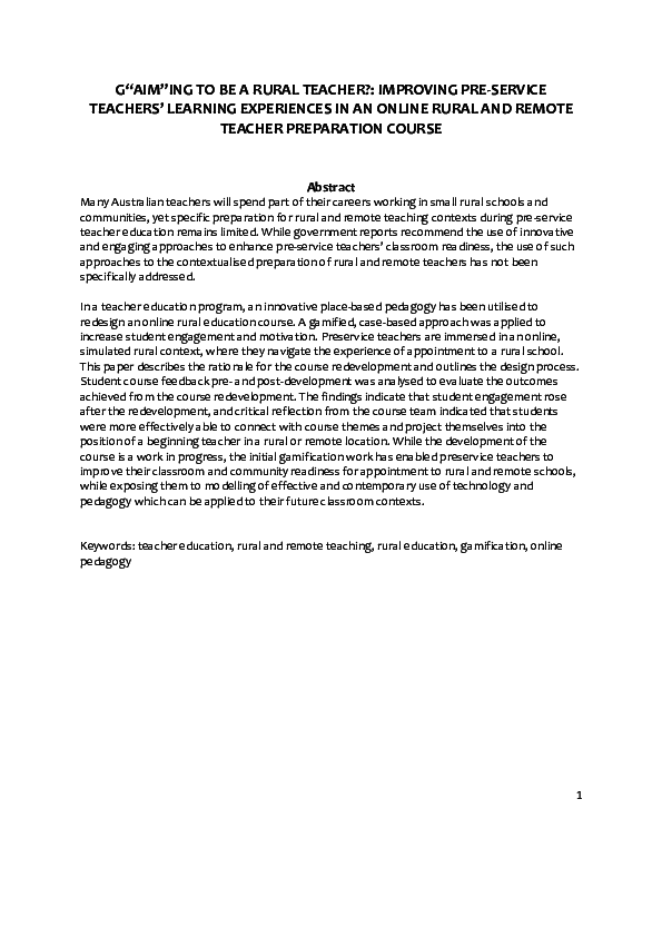 (PDF) G " AIM " ING TO BE A RURAL TEACHER?: IMPROVING PRE-SERVICE TEACHERS' LEARNING EXPERIENCES ...