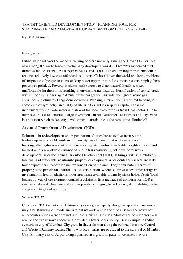 (DOC) TRANSIT ORIENTED DEVELOPMENT(TOD) : PLANNING TOOL FOR SUSTAINABLE ...