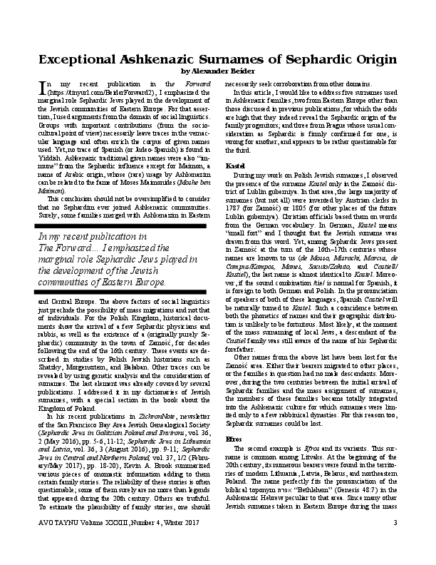 (PDF) Exceptional Ashkenazic Surnames of Sephardic Origin