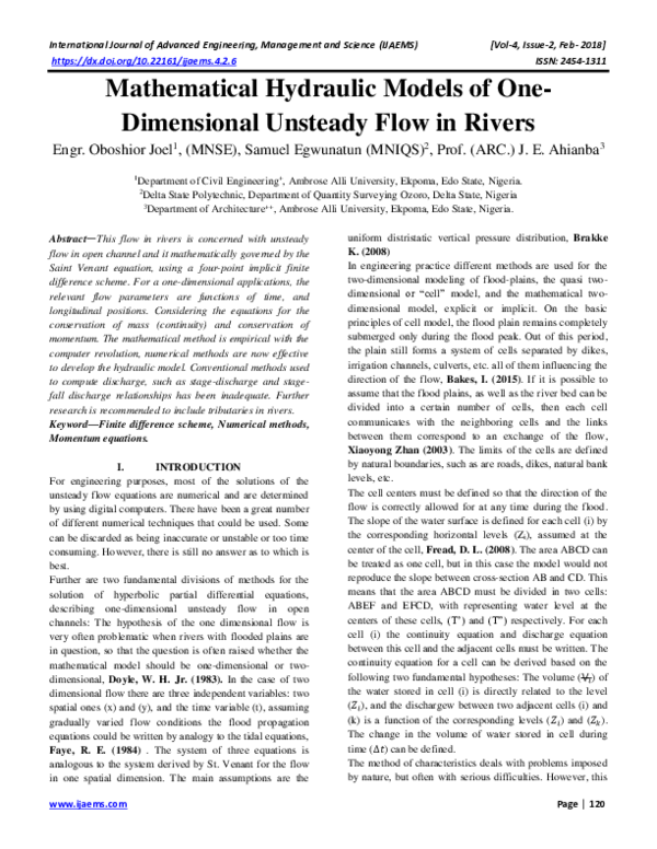 (PDF) Mathematical Hydraulic Models of One- Dimensional Unsteady Flow in Rivers