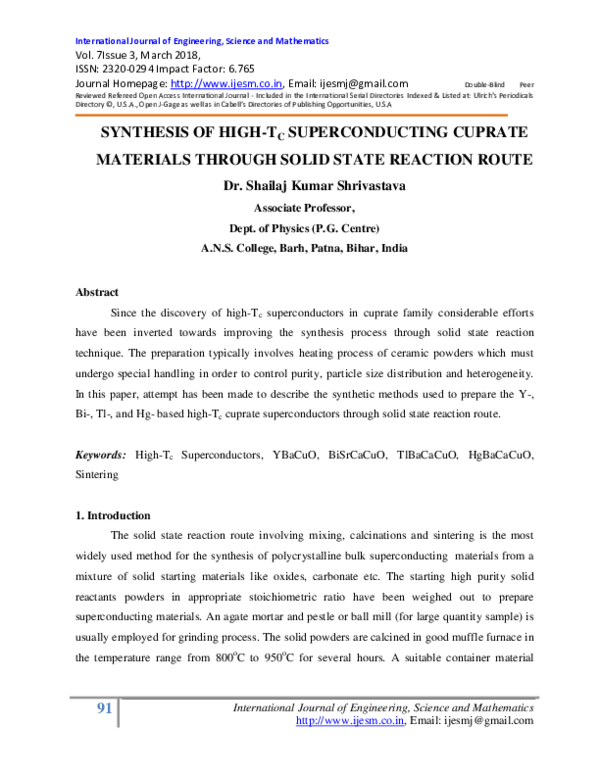 (PDF) SYNTHESIS OF HIGH-T C SUPERCONDUCTING CUPRATE MATERIALS THROUGH SOLID STATE REACTION ROUTE
