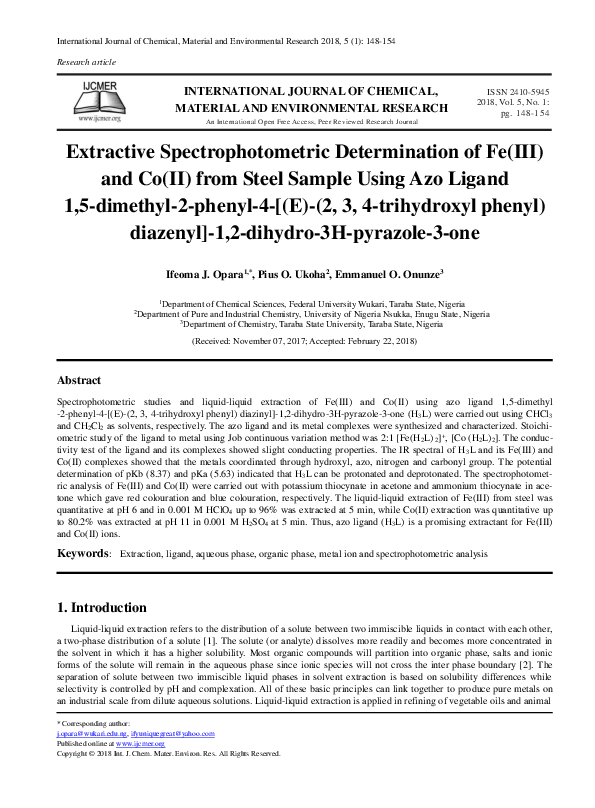 Pdf Extractive Spectrophotometric Determination Of Fe Iii And Co Ii From Steel Sample Using