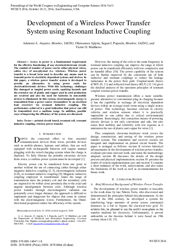 (PDF) Development of a Wireless Power Transfer System using Resonant ...