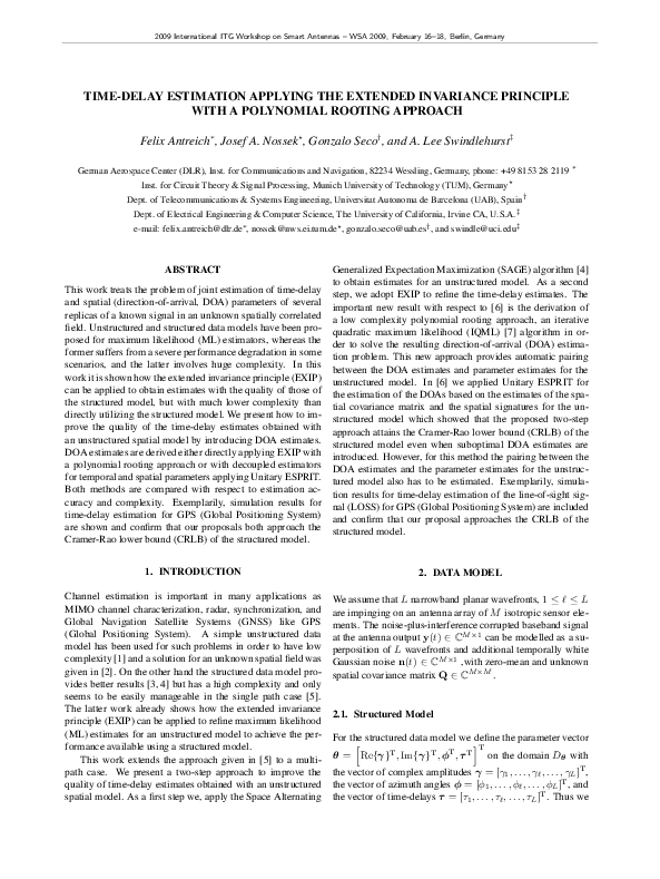 (PDF) Time-Delay Estimation Applying the Extended Invariance Principlewith a Polynomial Rooting ...