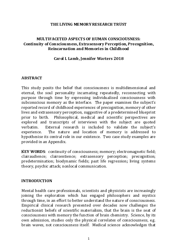 (PDF) HUMAN CONSCIOUSNESS - PART 2 OF A SERIES: MULTIFACETED ASPECTS OF ...