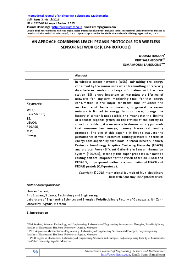 Pdf An Aproach Combining Leach Pegasis Protocols For Wireless Sensor